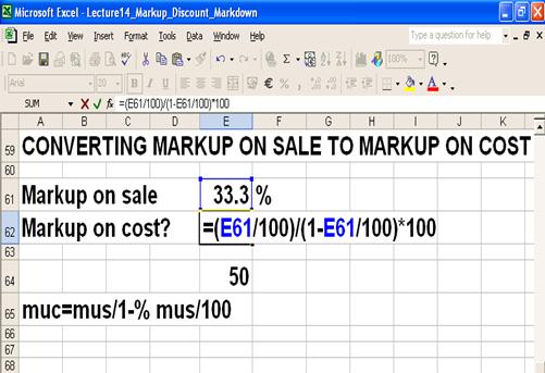 Basic formula muc=mus / (1-%mus /100 ) is shown in cell A65.